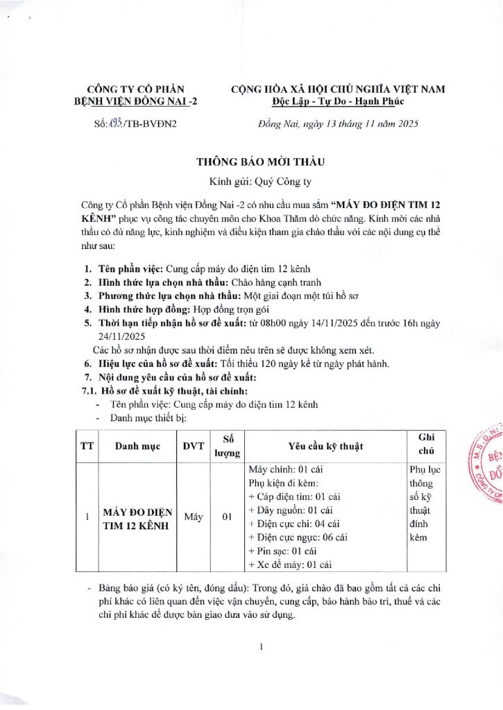 THÔNG BÁO MỜI THẦU CUNG CẤP MÁY ĐO ĐIỆN TIM 12 KÊNH - BỆNH VIỆN ĐỒNG NAI -2