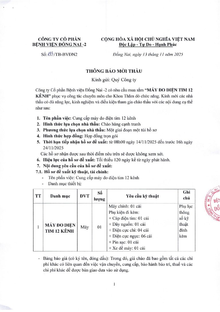 THÔNG BÁO MỜI THẦU CUNG CẤP MÁY ĐO ĐIỆN TIM 12 KÊNH - BỆNH VIỆN ĐỒNG NAI -2